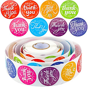 Qpout Thank You Stickers 1.5 inch, Colorful Thank You Stickers, 500 Pieces Thank You Stickers Small Business, Thank You Stickers for Packaging, Red Green Blue Orange Purple Thank You Sticker, 1 Roll