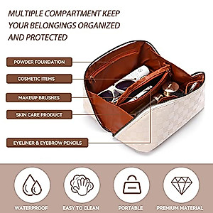 BAGCRAZY 2 Pcs Waterproof PU Leather Checkered Makeup Bag, Large Capacity Travel Cosmetic Bag - Portable Makeup Bags for Women, Lightweight Design and Waterproof Toiletries Bag for Cosmetic, White