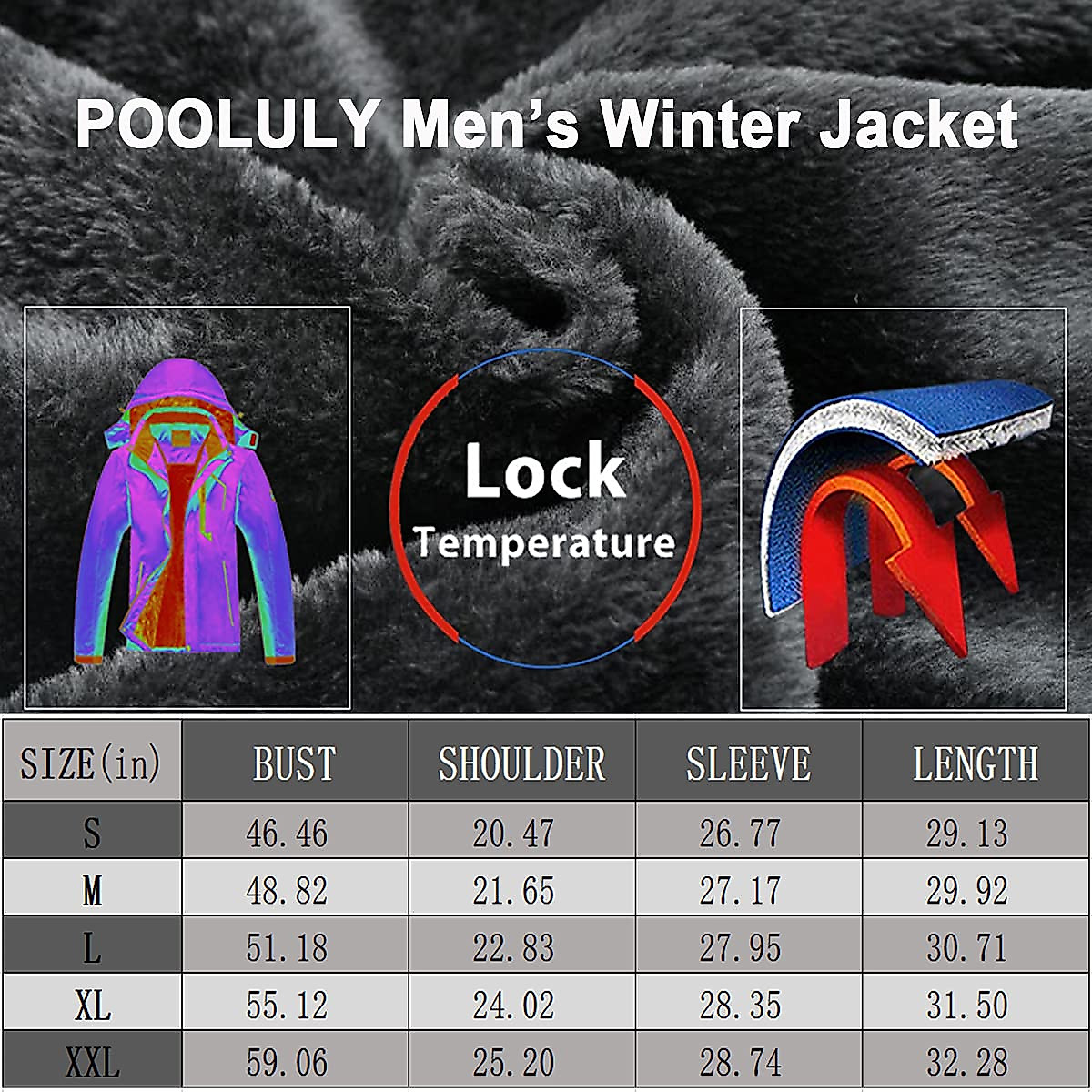 Pooluly Men's Ski Jacket Warm Winter Waterproof Windbreaker Hooded Raincoat Snowboarding Jackets Black-XL