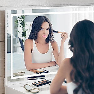 WAYES 43.3" Clear Glass Top Makeup Vanity Desk Set with LED Mirror, Charging Station, and Storage Stool, Modern, White