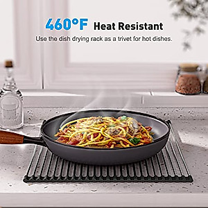 EMBATHER Roll Up Dish Drying Rack Over The Sink, Dish Drying Rack for Kitchen Counter, Multipurpose Stainless Steel Foldable Kitchen Drainer Rack with Silicone Mat, Anti-Slip,(Black, 20.8"x18.1")