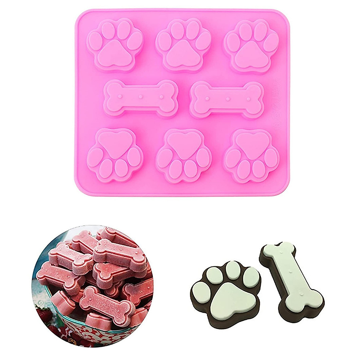 Puppy paw bone silicone mold, baking mold, used for jelly, candy, chocolate, ice cube, can bake dog snack biscuits (pink, blue, purple) three-piece set