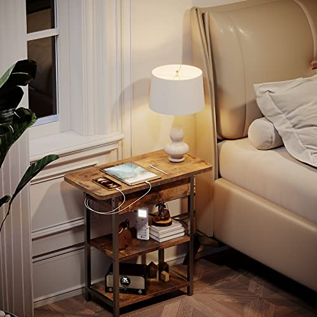 End Table with Charging Station, Narrow Side Table with USB Ports and Outlets, Flip Top Nightstand / Bedside Table / Sofa Couch Table for Small Spaces / Slim End Table for Living Room Bedroom Office