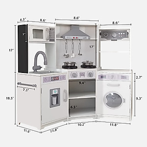 TaoHFE Corner Play Kitchen with Lights&Sounds White Kitchen for Kids Toddler Kitchen Set with Washer Chalkboard Wooden Kitchen Kids Playset with Washing Machine Range Hood Girls boys Gift for Ages 3+