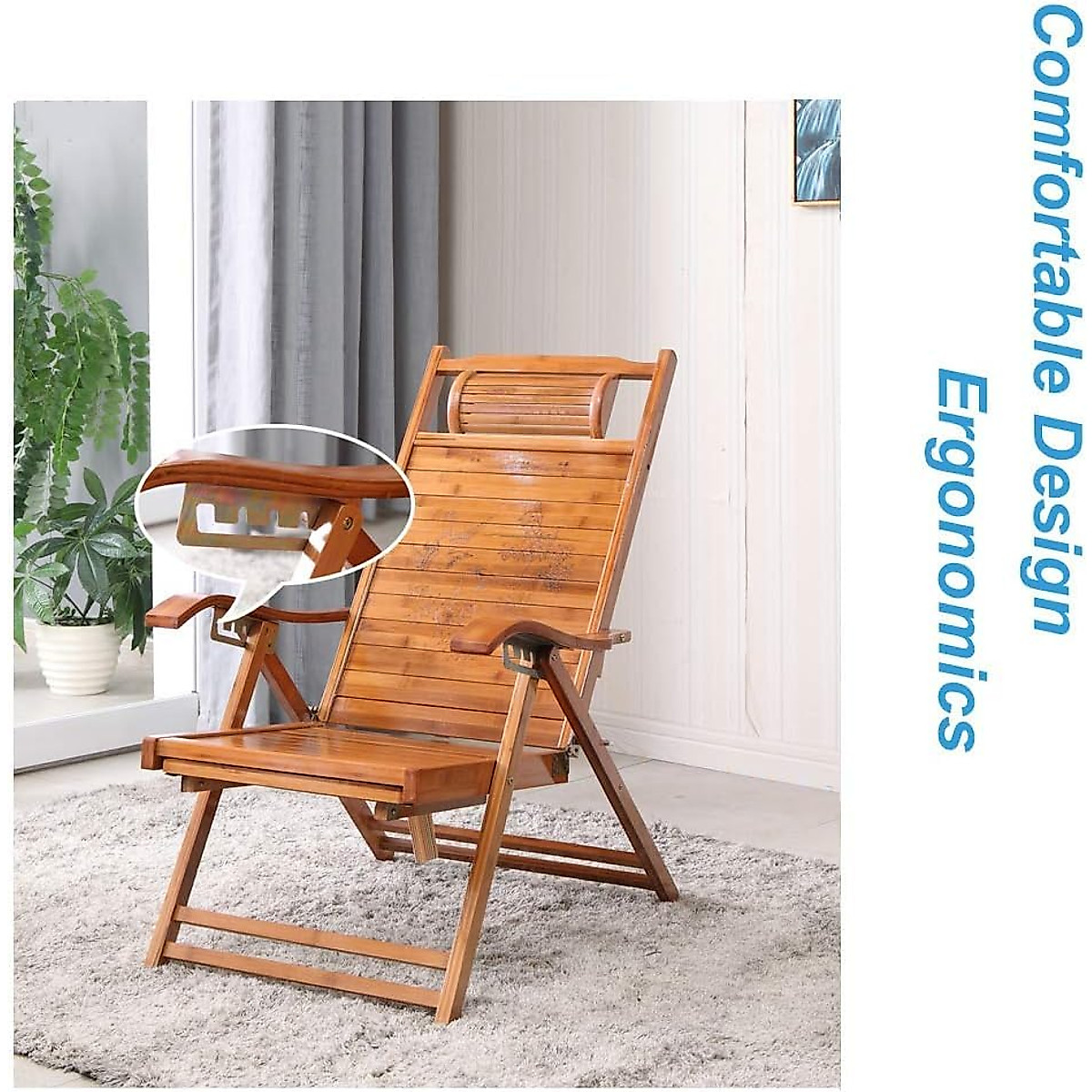 JIAYOYO Foldable Wooden Recliners with Footrest,Wooden Outdoor Foldable Armchair with 5 Position Adjustable Backrest Chair Recliner Chair for Patio Lawn Beach,Tea Color