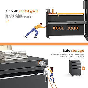 NEWBULIG 3 Drawer Metal Mobile File Cabinet Under Desk Storage with Lock and Wheels, Office Filling Box for Deposit Folder, Black