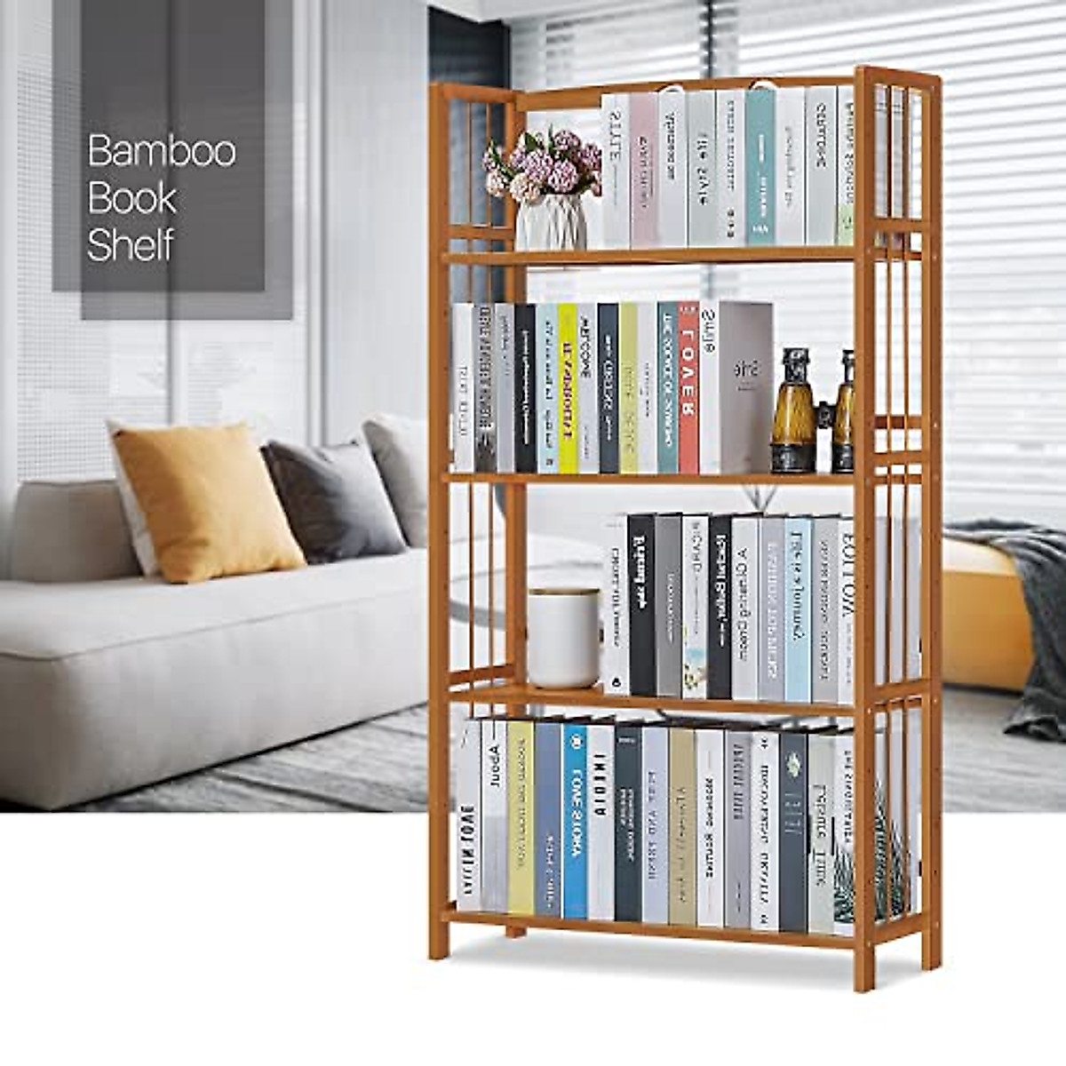 MoNiBloom Bamboo 4-Tier Bookshelf Adjustable Free-Standing Adjustable Storage Shelf Bookcase Plant Flower Stand for Living Room Kitchen Garden, Natural