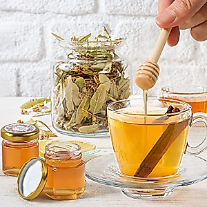 ComSaf Mini Honey Jars with Dipper 1.5oz - 40 Pack, Small Honey Glass Jar with Gold Lid, Tiny Hexagon Honey Jar in Bulk for Baby Shower, Wedding and Party Favors