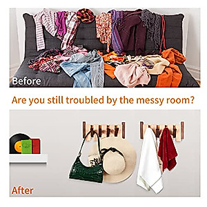 2 Pcs Wood Coat Piano Hooks with 4 Flip Down Hooks Decorative Wooden Wall Mounted Rack Hooks Handmade Natural Walnut Wood and Beech Artwork Coat Hangers Multi Rack for Towel Hat Key Scarfs Purses Bag