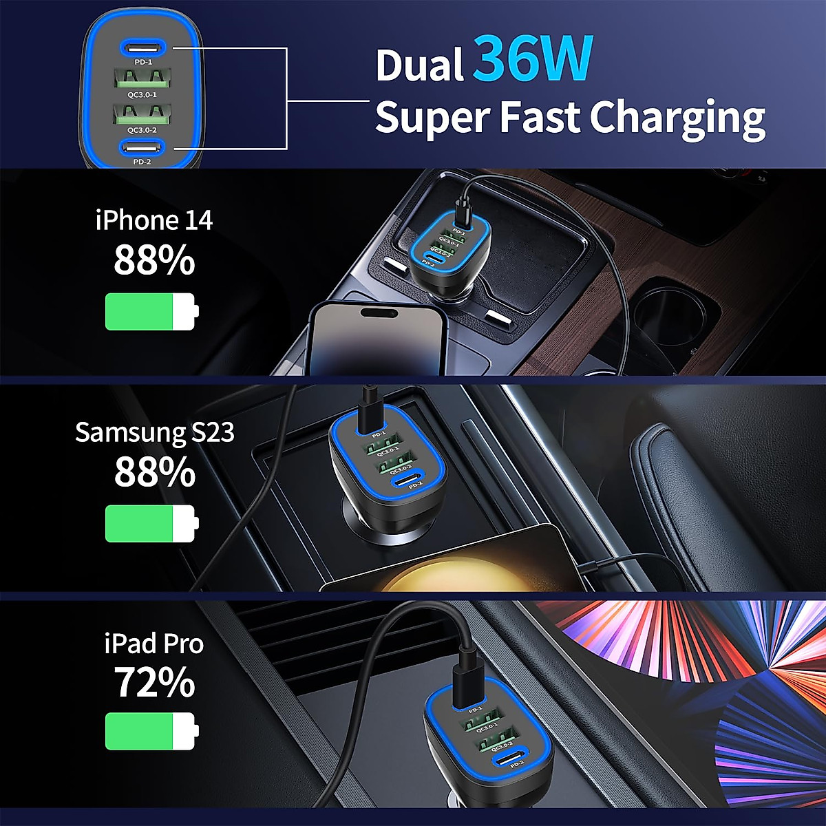 USB C Car Charger, Meagoes 72W 4 Ports Super Fast Automobile Charger Compatible for iPhone 15 Pro/Max/14/13/12/11/iPad Air, Samsung Galaxy S24/S23 Plus/Ultra/S22 Type C Cigarette Lighter USB Charger