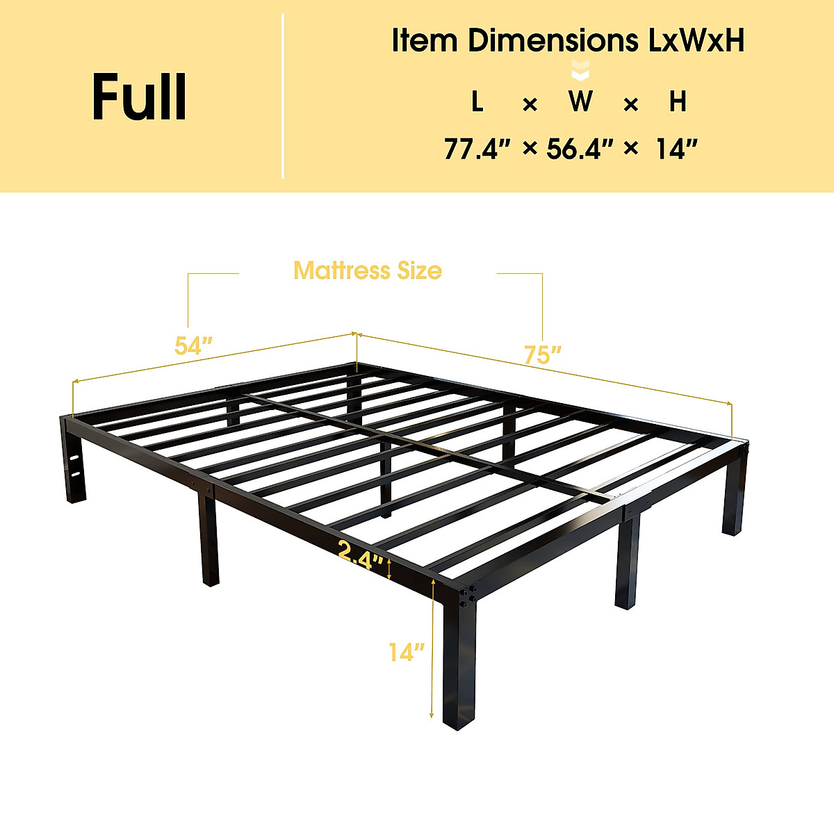 45MinST 3600lbs Heavy Duty Bed Frame,14 Inch Sturdy Steel Slat Mattress Foundation, Metal Reinforced Platform Box Spring Replacement, Easy Assembly with Quick Lock, Full