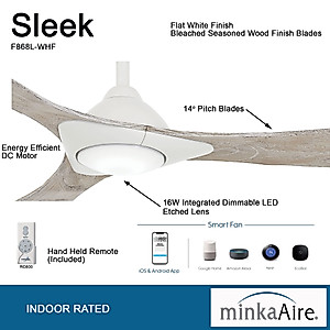 Minka Aire F868L-WHF Sleek 60" Ceiling Fan with LED Light and Remote Control, Flat White