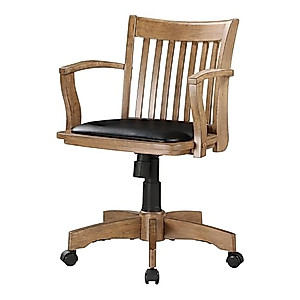 OSP Home Furnishings Deluxe Wood Banker's Desk Chair with Padded Seat, Adjustable Height and Locking Tilt, Fruitwood Finish and Black Vinyl