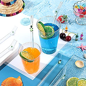 6 Pcs Glass Straw with Design Shatter Resistant Straws Reusable Clear Bent Cute Straws 8 mm x 7.9 Inch with 2 Pcs Cleaning Brush for Drinking Smoothie Cocktail Shakes Beverages (Turtle)