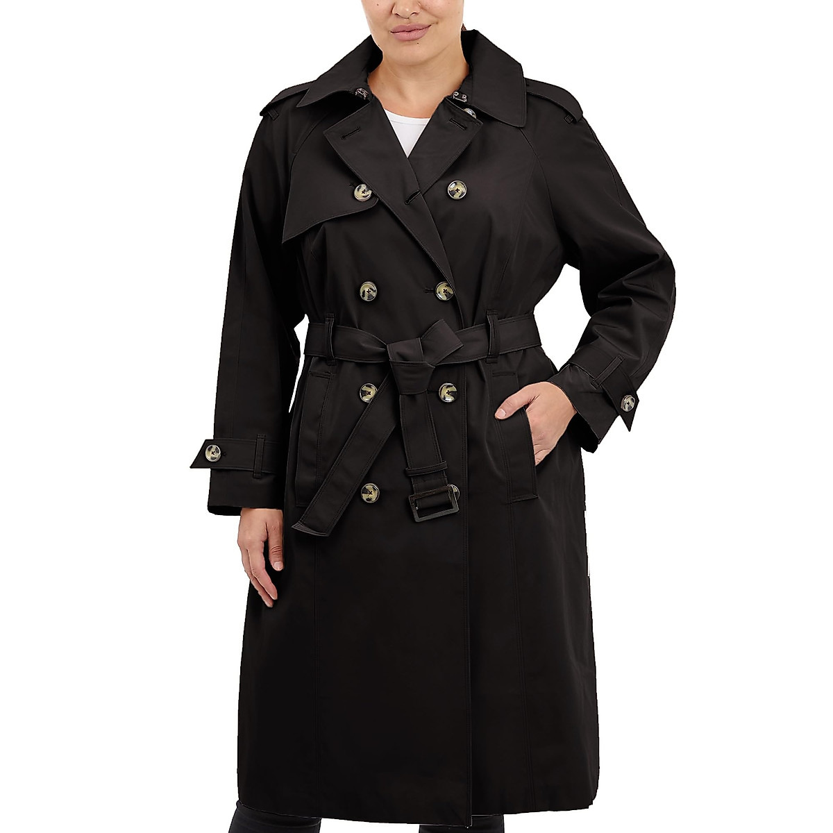 London Fog Women's Double-Breasted 3/4 Length Belted Trench Coat, Black, XL