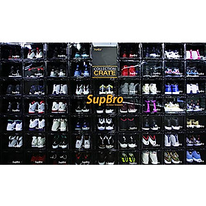 SupBro Collection Crate - Easy Access Storage Shoes Box -Plastic Foldable Stackable Sneaker Display Storage with Clear Front Door Organizer-2 Pack (Black)