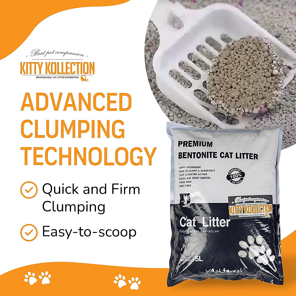 Kitty Kollection - Premium Bentonite Cat Litter, Easy-to-Clump Super Absorbent Kitty Litter with Excellent Odor Control, Toxin-&-Dust-Free Unscented Cat Litter, 5L