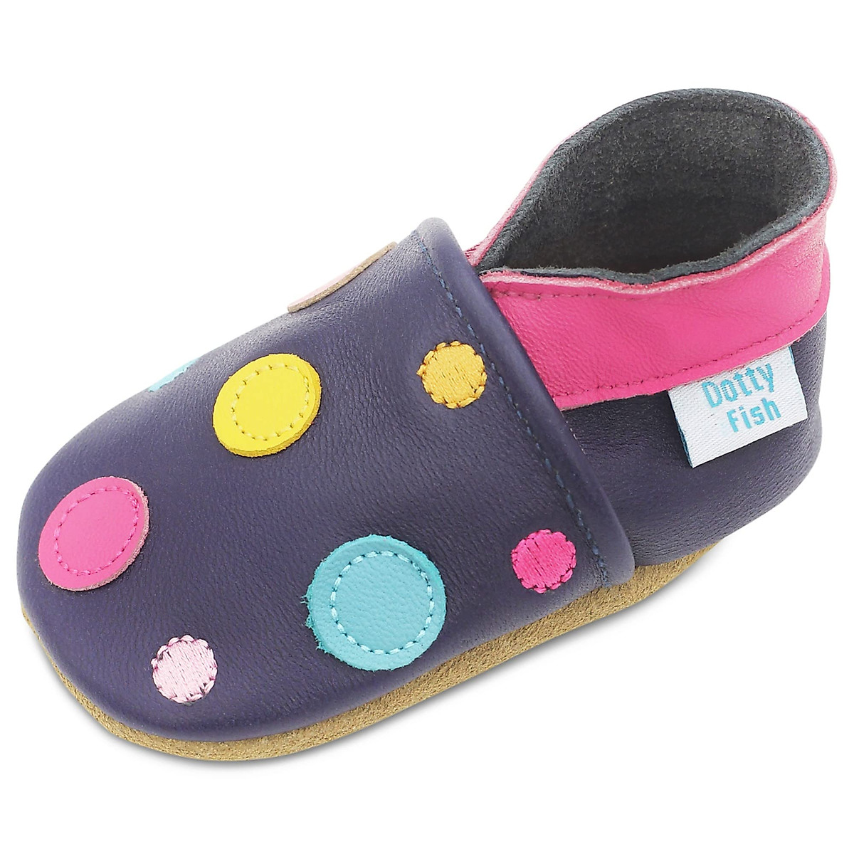 Dotty Fish Soft Leather Infant Shoes Girls pre-Walkers. Pink with Cut-Out Hearts. 6-12 Months