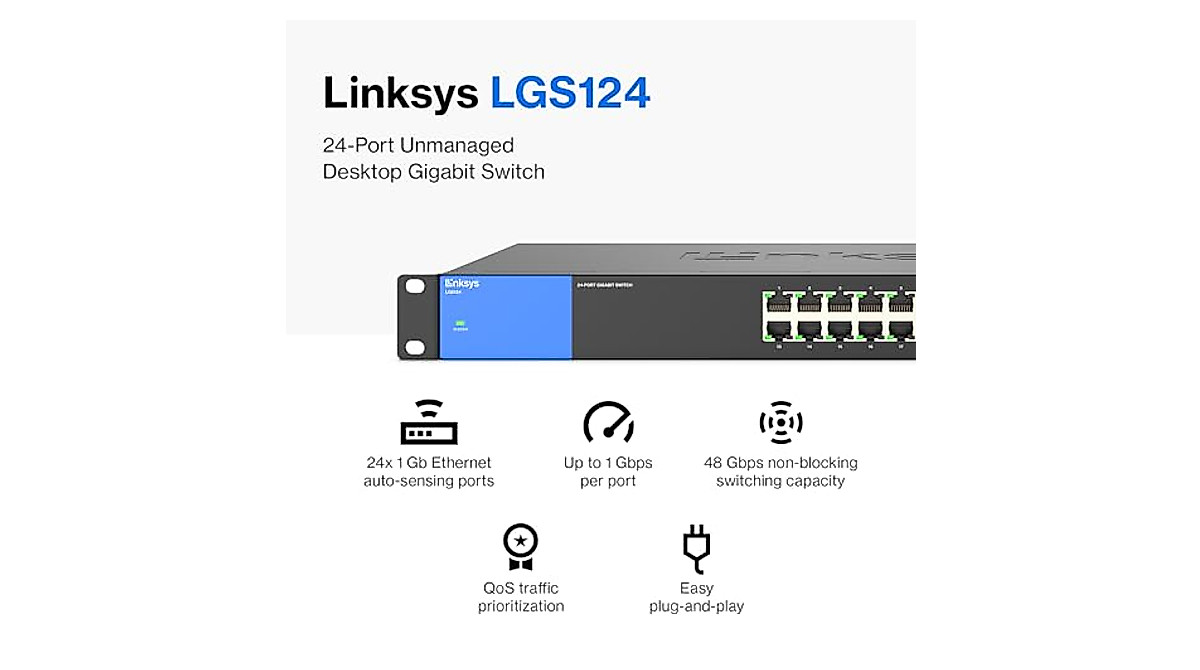 Linksys LGS124 24 Port Gigabit Unmanaged Network Switch - Home & Office ...