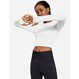 baleaf Women's Long Sleeve Crop Top Workout Athletic Shirt Running Top Slim Fit White S