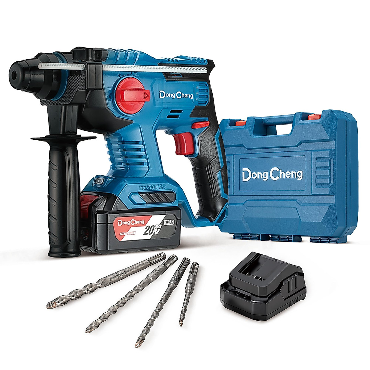 DongCheng 20V Max Cordless Rotary Hammer Drill, 7/8" SDS-Plus, 4 Application Modes, Brushless, 2.1 Joules, Cordless Demolition Hammer for Concrete, Including 4.0Ah Battery and Charger, 4 Drill Bits