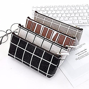JINGYOU Pencil Bag, Solid Color Stationery Bag, Striped Grid Pen Pouch, Canvas Pencil Case, Kawaii Pencil Case for Students Office(Grey)