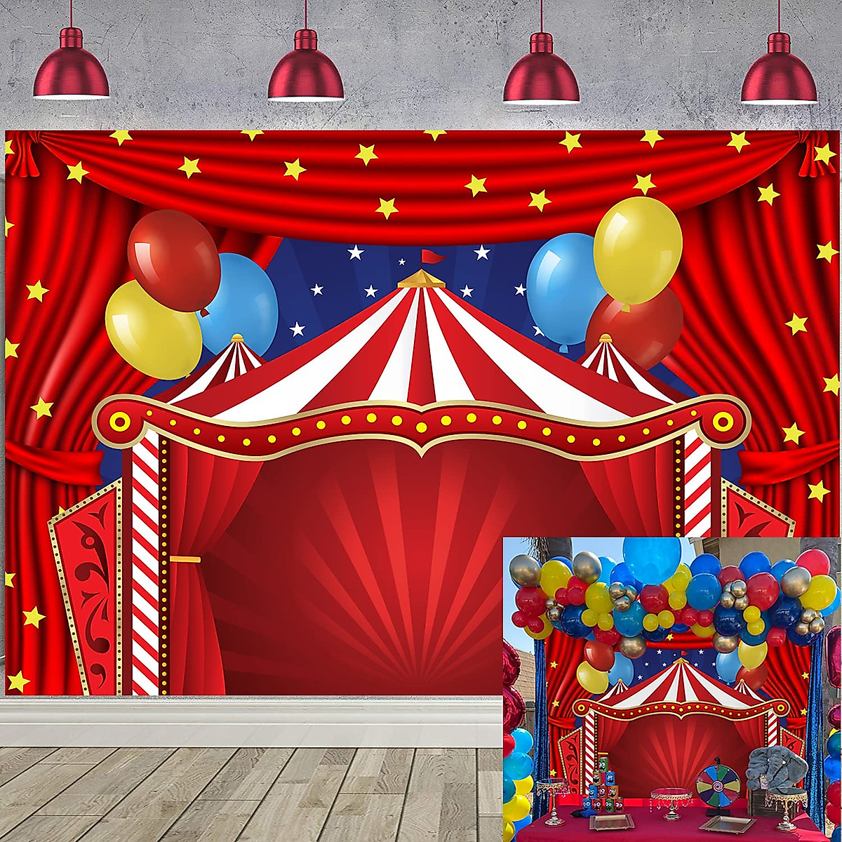 Cenven Red Circus Carnival Backdrop Curtain Stars Birthday Party Photography Background Newborn Baby Shower Birthday Cake Table Decorations 7x5FT, 7x5FT(width 210cm x Height 150cm)