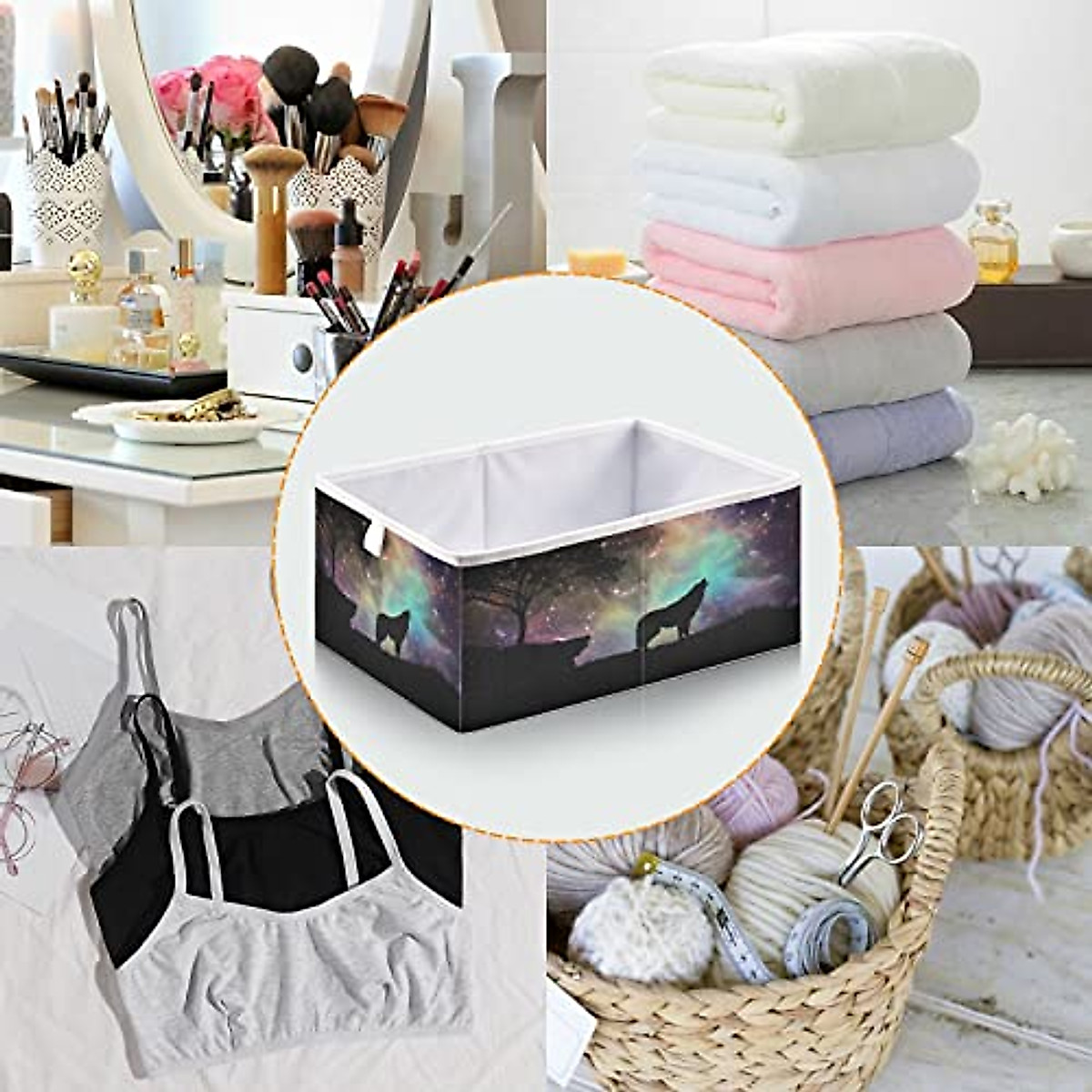 Blueangle Galaxy Wolf Rectangle Storage Bin, 15.8 x 10.6 x 7 in, Large Collapsible Organizer Storage Basket for Home Décor（75）