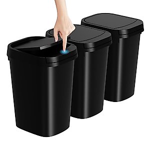 KSSKSS 3 Pack Bathroom Small Trash Can with Lid, 2.6 Gallon Slim Garbage Bin with Pop-Up Lid, 10L Plastic Wastebasket with Press Top Lid for Bedroom, Office, Kitchen, Toilet (Black)