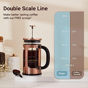 BAYKA French Press Coffee Maker, Glass Classic Copper 304 Stainless Steel Coffee Press, Cold Brew Heat Resistant Thickened Borosilicate Coffee Pot for Camping Travel Gifts, 34 Ounce