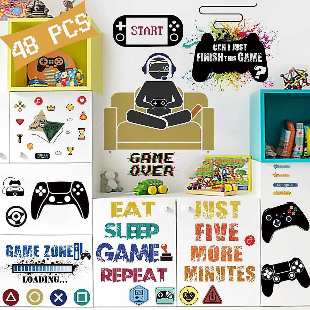 48 Pieces Creative Video Game Room Decor Excellent in Gamer Girl Accessories and Posters for Boys Bedroom, Wall Decals Decorations for Playroom Kids Room Teens Room