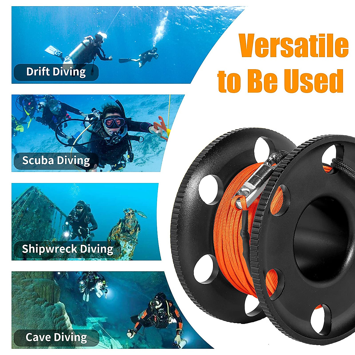 100FT Scuba Diving Reel, Aluminum Alloy Large Scuba Spool Finger Reel with Double-Ended Bolt Snap Clip for Underwater Scuba Diving Snorkeling Spearfishing (Orange Line Black Reel)