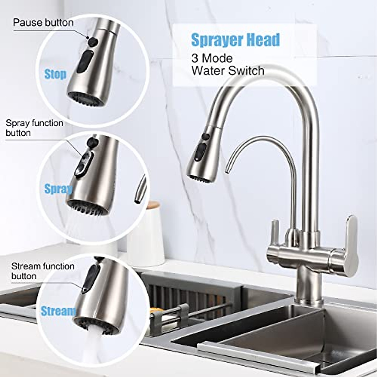HUAHUALALA Kitchen Sink Faucet with Pull Down Sprayer 2 Handle 3 in 1 Water Filter Purifier Faucets, Brass Drinking Water Faucet Reverse Osmosis Faucet Brushed Nickel