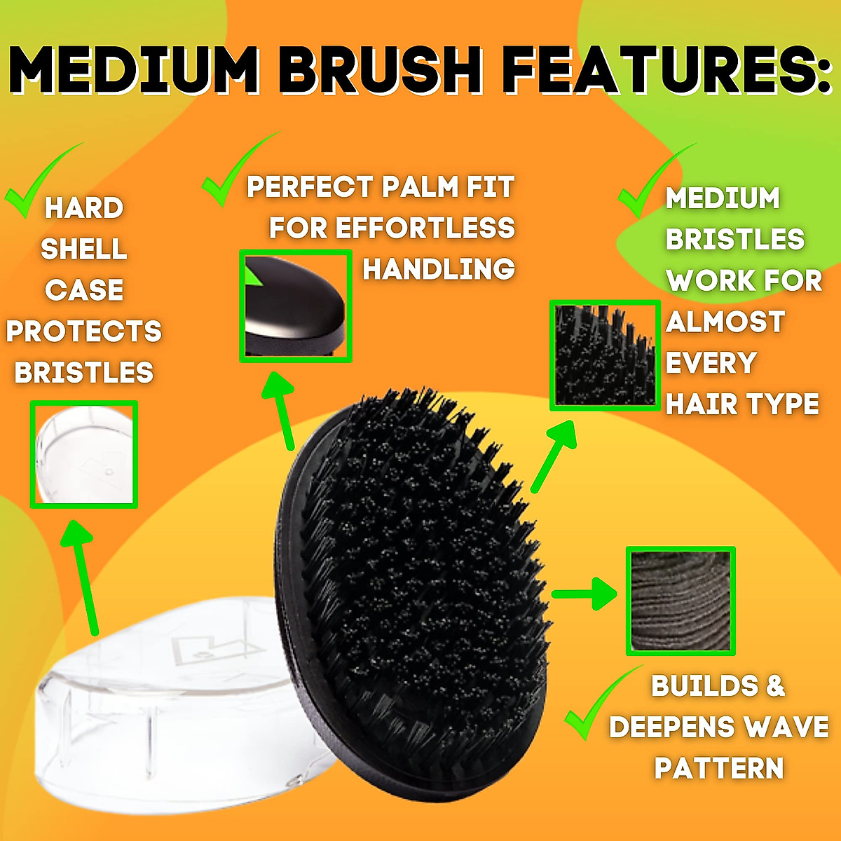 Veeta Superior Medium Wave Brush - Hair Brush for Men with 100% Synthetic Flex Bristles, Curved Design, and Protective Cover - Ideal for Short or Long Wavy Hair