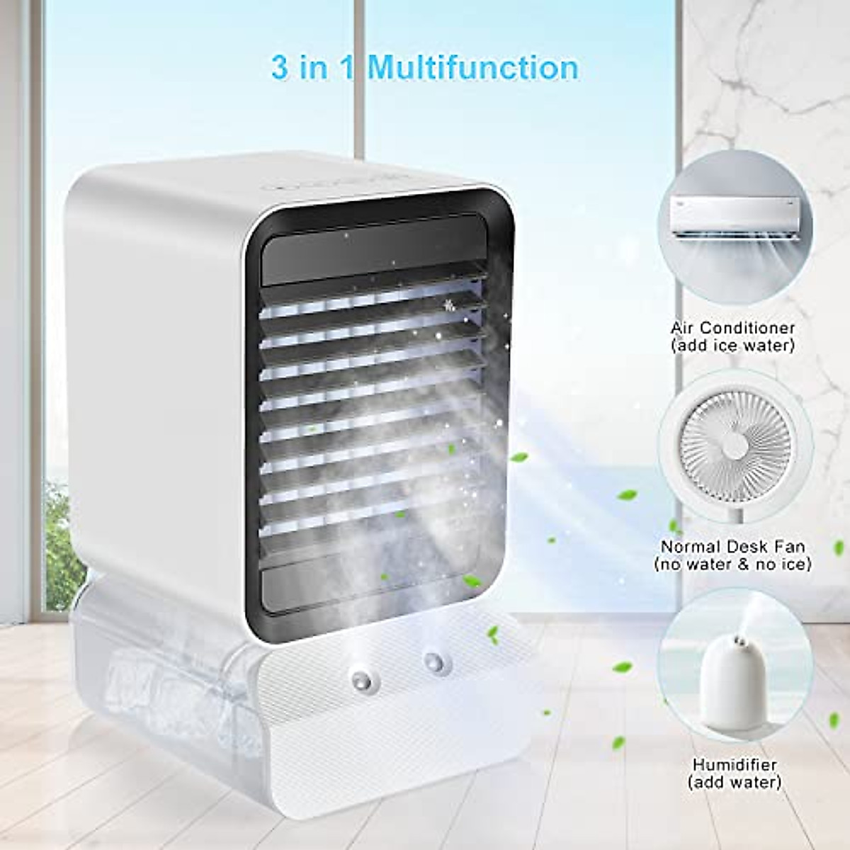 aceyoon Portable Air Conditioner Fan, Evaporative Personal Air Cooler for Small Space, Desktop Mini USB Cooling Fan Humidifier with 3 Speeds and 7 Colors LED Light for Home, Office, Dorm, Camping