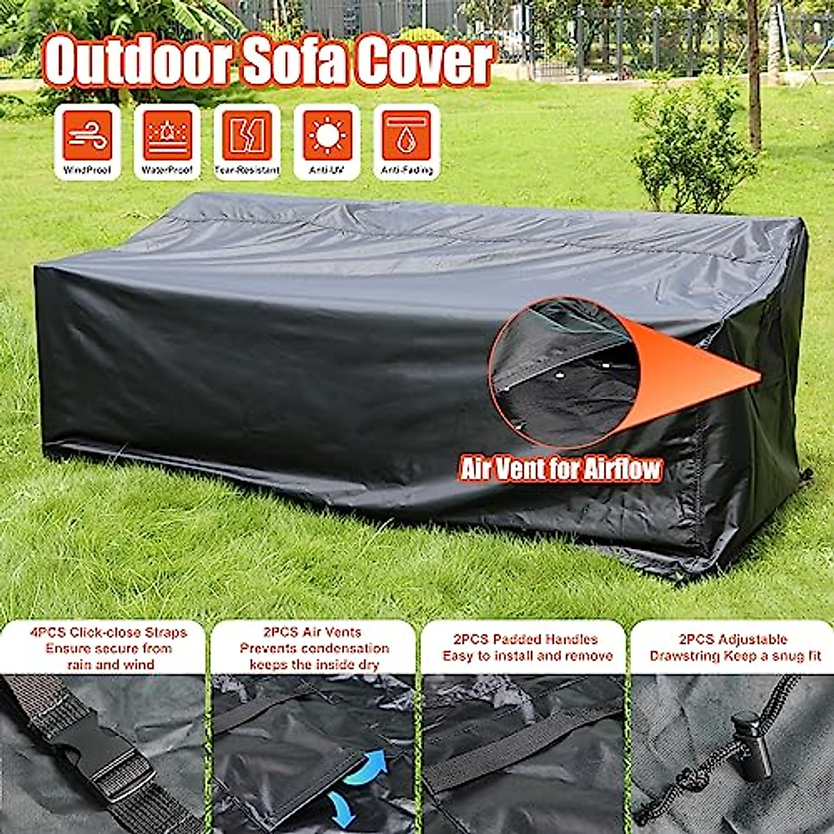 Likorlove 100% Waterproof Outdoor Sofa Cover, 88" Wx 33" Dx 31.8" H Patio Furniture Covers Waterproof, Windproof 3-Seater Sofa Cover Heavy Duty with Air Vent and Handles for Lawn, Backyard Deck, Black