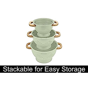 Molomax Metal Colander with Wood Handle | Set of 3 with Bamboo Handles | 1.5Q, 3Q, 5Q (Sage Leaf Green)