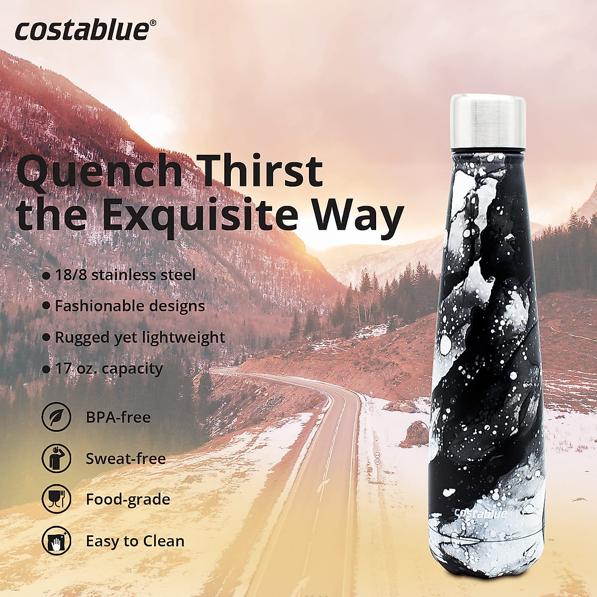 Costablue Santa Monica Vacuum Insulated Double Wall Stainless Steel Water Bottle 500 ml, Push Open & Close Lid, Reusable Water Flask – 17 Ounces, Moonlight Blue & Ocean Blue Combo