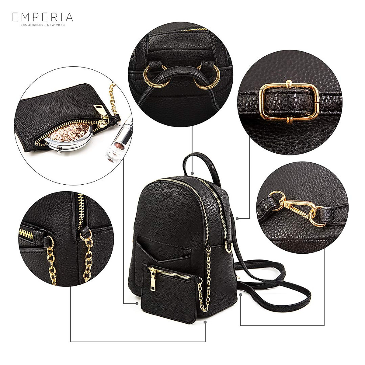 EMPERIA Kayli Faux Leather Mini Backpack Fashion 3 Way Carry Casual Lightweight Rucksack Daypack for Women Black