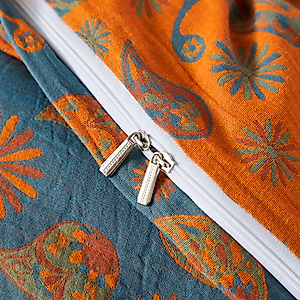 Softta Vintage Paisley Pattern Bedding Set Queen Size 3Pcs Duvet Cover Set 100% Washed Cotton Double-Layer Yarn Washed Cotton Bedding Collection Blue & Orange