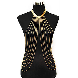 Yomiie Body Chain Layered Gold Tassels Necklace Fashion Jewelry Belly Waist Bra Boho Hot Bikini Beach Harness Anniversary Festival Gift for Women Lady