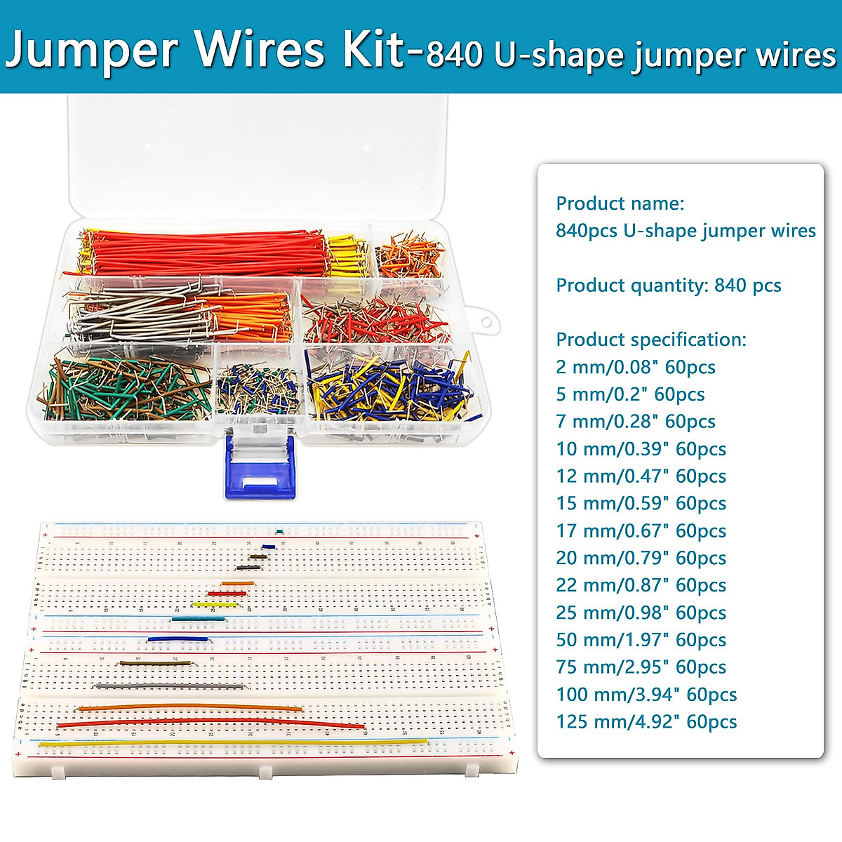 Minidodoca 840 Pcs Breadboard Jumper Wire Cables for Arduino, 14 Values, 2 mm/0.08"-125 mm/4.92" U-Shape Magnetic Jumper Wires Assortment kit & 20Pcs 20cm/8 inch Length Dupont Cable Assorted Kit