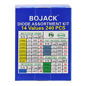 BOJACK 14 Value 240 pcs Diode Assortment Kit Contain Rectifier/Fast Recovery/Schottky/Switching Diode 1N4001 1N4004 1N4007 1N5404 1N5406 1N5408 RL207 FR107 FR207 UF4007 1N5817 1N5819 1N5822 1N4148