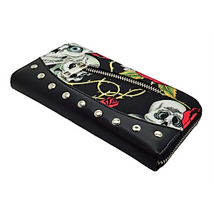 Lost Queen Skulls & Roses Women's Black Wallet Faux Leather Zip Around