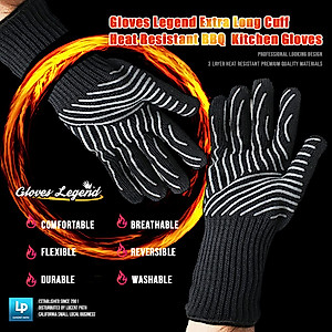 1 Pair (2 Gloves) - Gloves Legend Black Kitchen Oven BBQ Gloves – Machine Washable Heat Resistant Cooking Barbecue Grill Gloves - with Extra-Long Cuff
