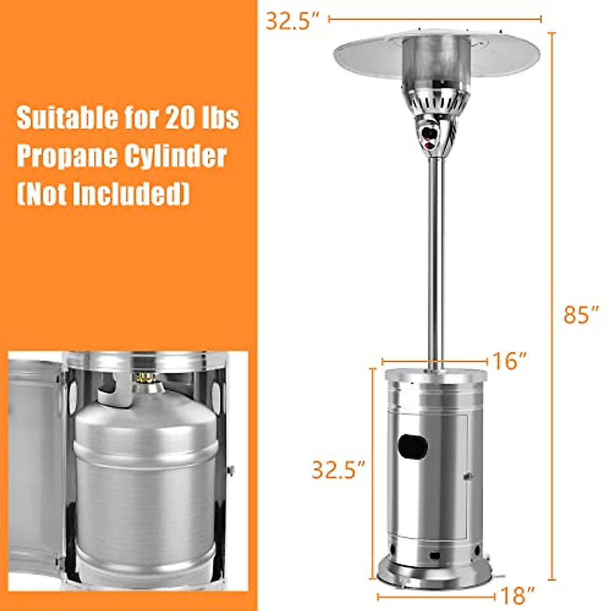 Tangkula 48,000 BTU Outdoor Patio Heater with Wheels, Stainless Steel Propane Heater with Tip-Over & Flameout Protection, Propane Gas Heater with Drink Shelf Table for Commercial & Residential