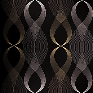 CHENGZHG 17.7" x 196" Peel and Stick Stripe Wallpaper Modern Black Contact Paper Black and Gold Removable Wave Wallpaper Self Adhesive Film for Cabinets Kitchen Bedroom Furniture