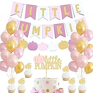 HEETON Little Pumpkin Banner Pink Girl Pumpkin Cake Topper Fall Baby Shower Birthday Halloween Thanksgiving Pumpkin Party Decorations Supplies Photo Booth Props