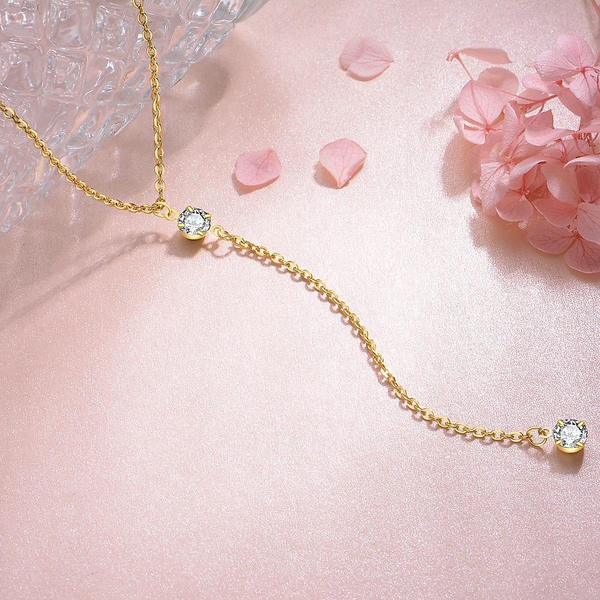 Handmade Lariat Necklace for Women, 18K Gold Plated Dainty Drop Y Chain Necklace Jewelry for Women Girl Gifts with Simulated Diamond，16" to 18" adjustable length (Gold)