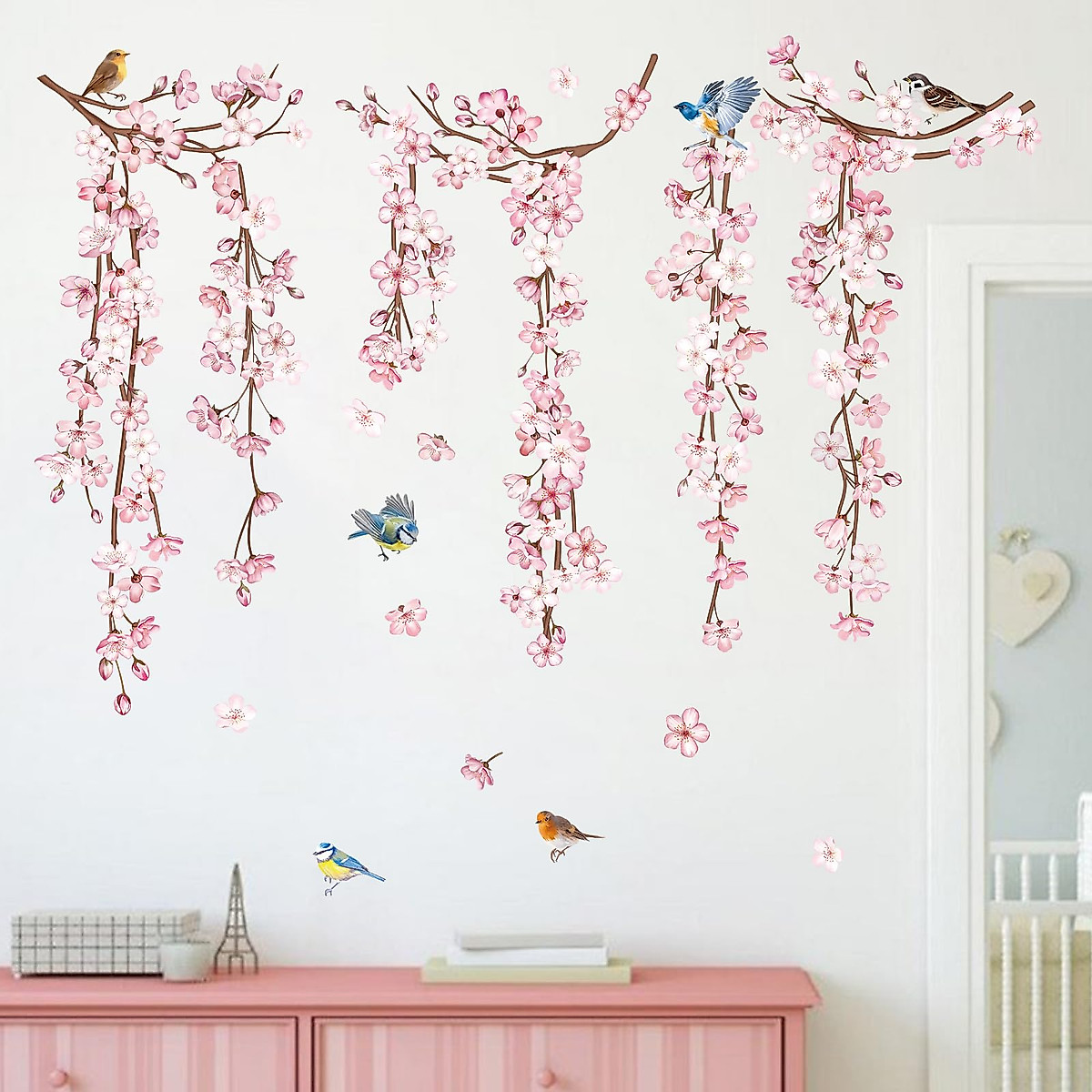 decalmile Cherry Blossom Flower Vine Wall Decals Hanging Floral Tree Branch Birds Wall Stickers Living Room Bedroom Office Wall Decor